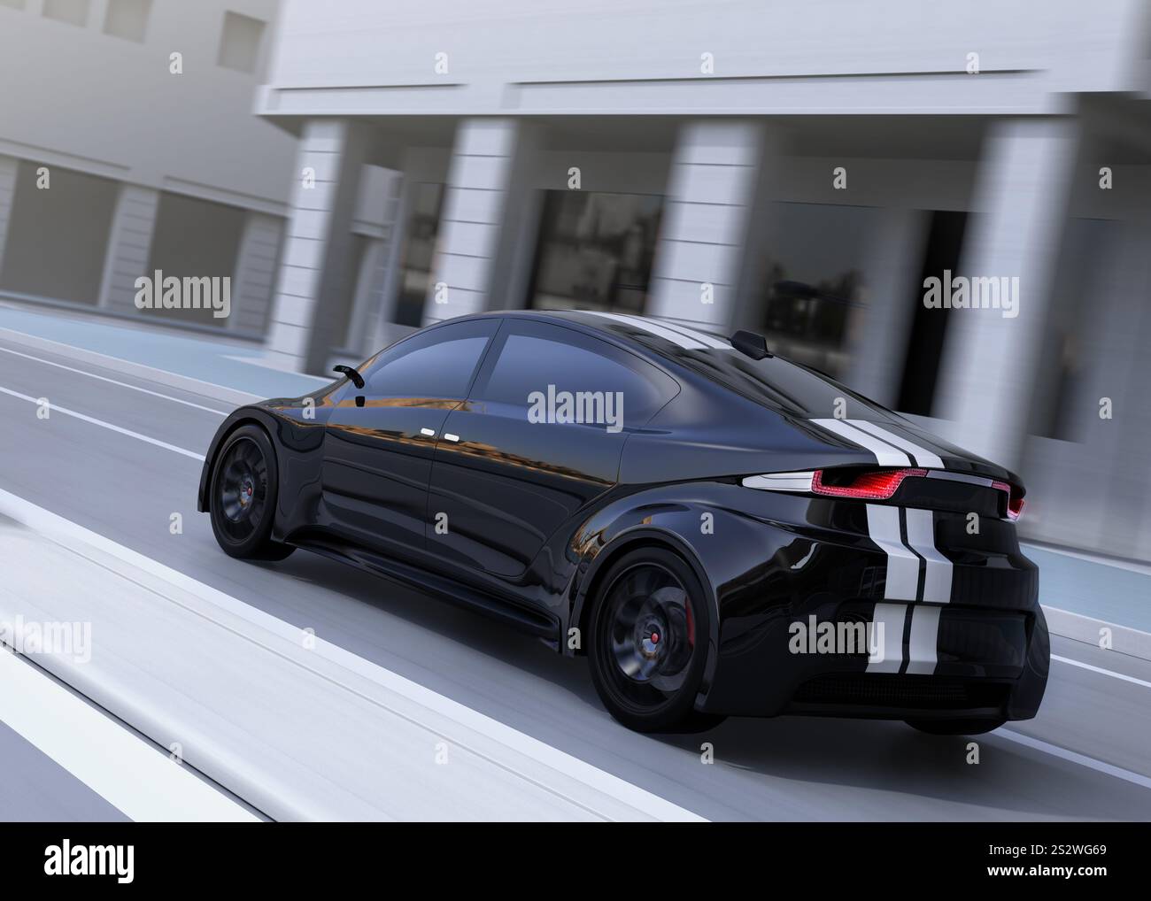 Black sports car travelling at high speed approaching an intersection ...