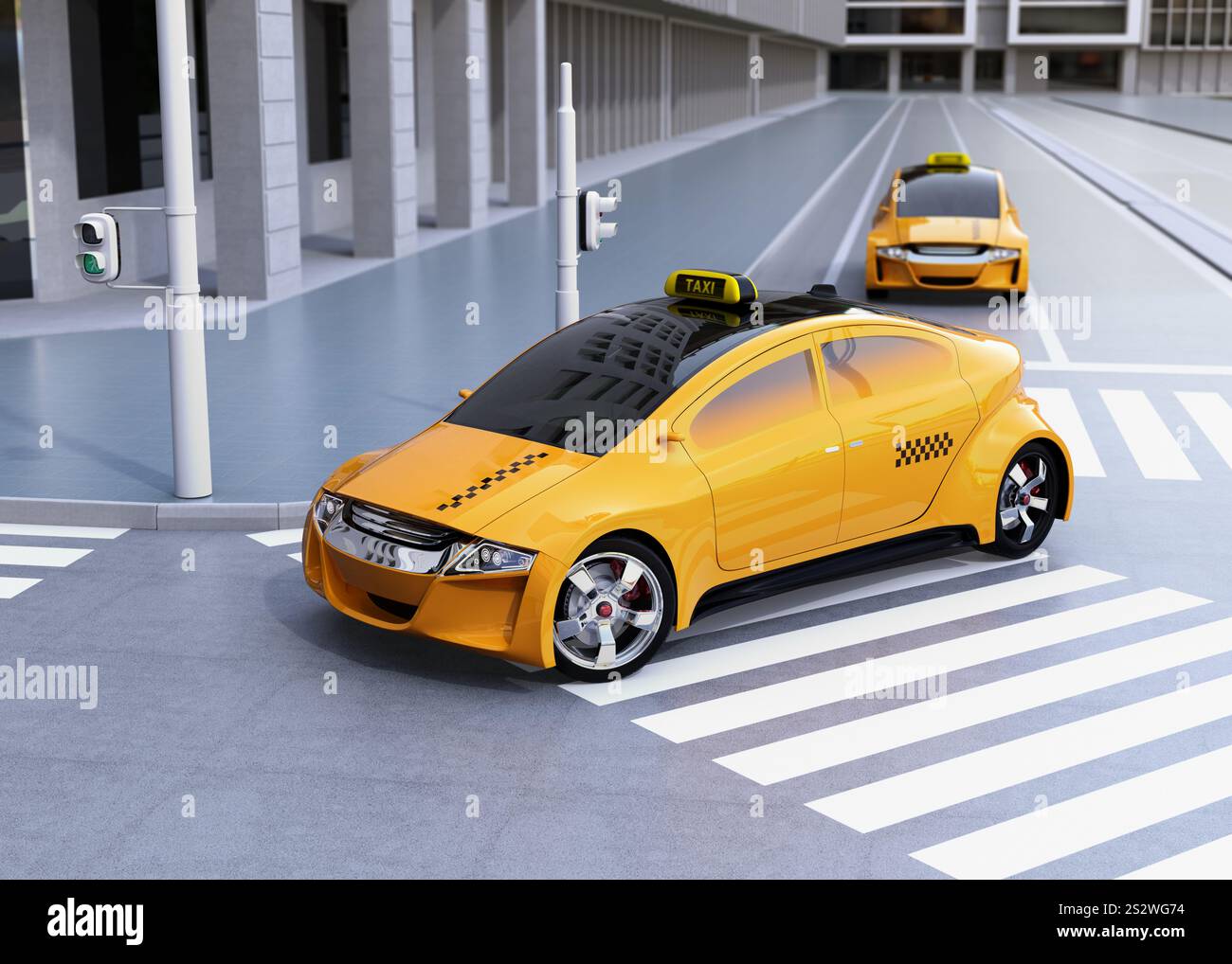 Image of a yellow taxi turning right into an intersection Stock Photo ...