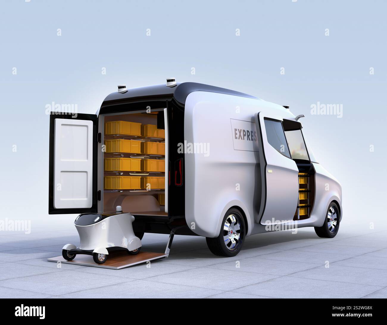 Image of an automated delivery robot being lowered by the power gate of ...