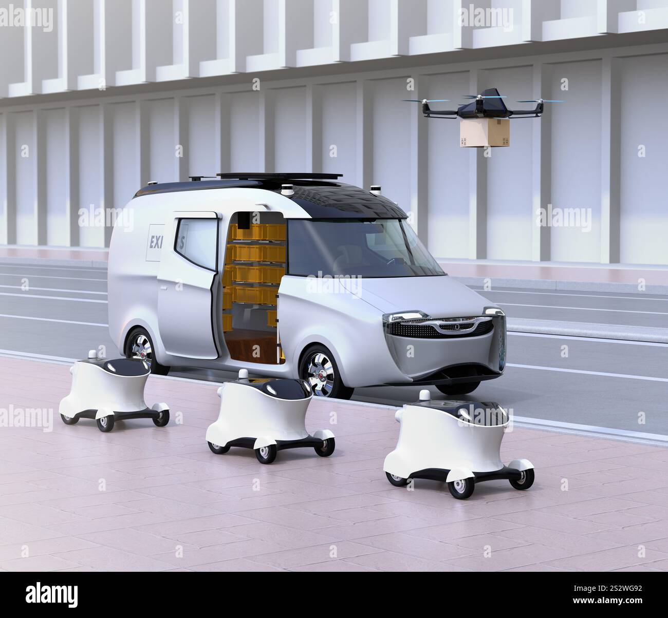 Automated delivery van, delivery drone and robot. Last mile concept ...