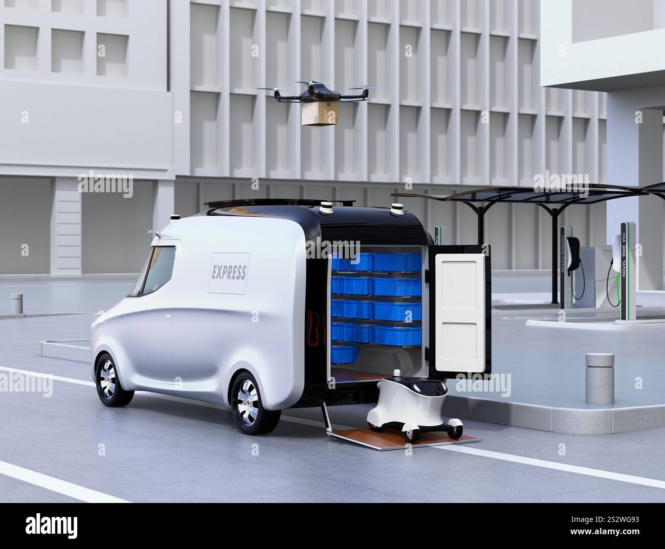 Automated delivery van, delivery drone and robot. Last mile concept ...