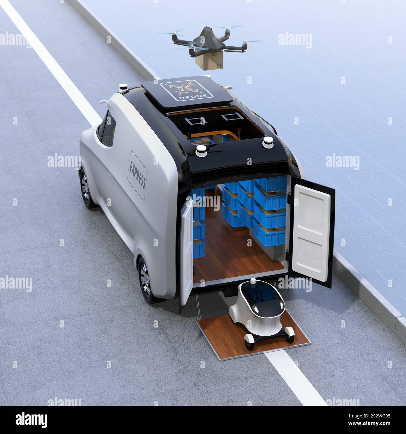 Automated delivery van, delivery drone and robot. Last mile concept ...