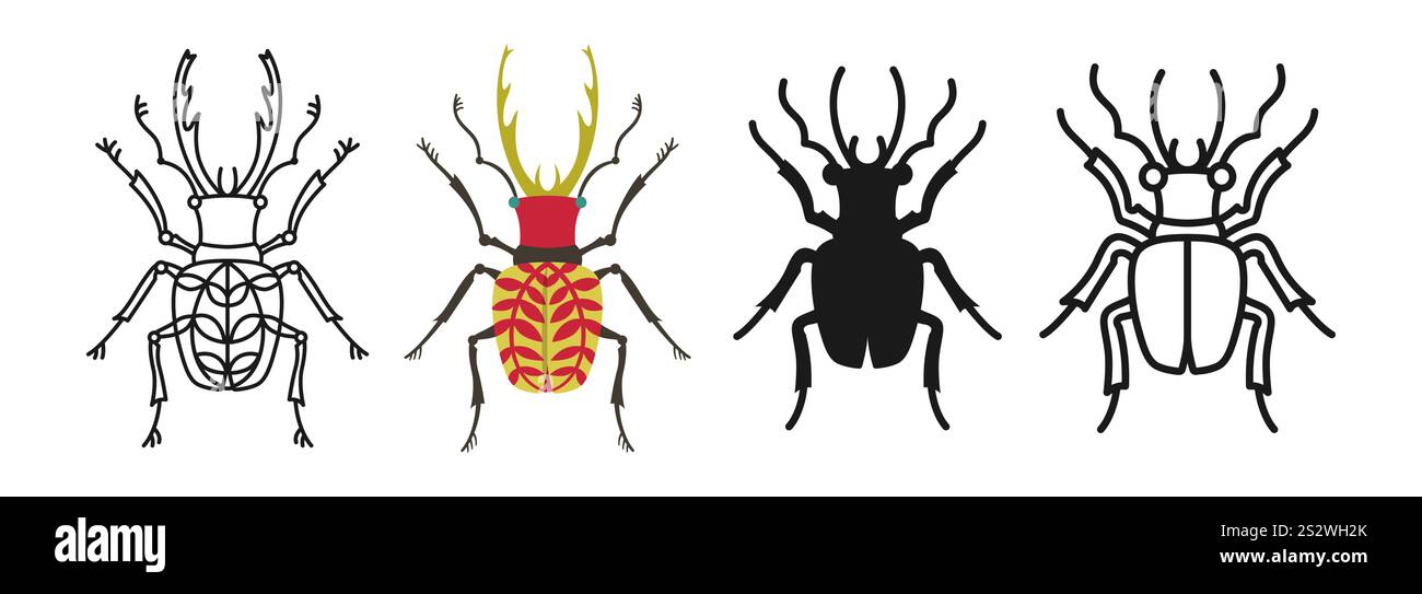 Horned beetle symbol cartoon set. Abstract bugs linear doodle icon ...