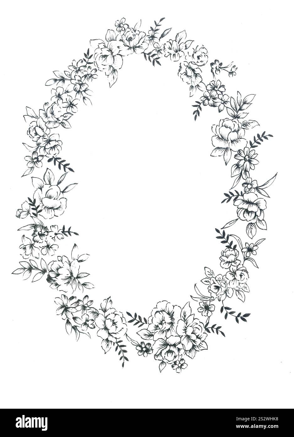 Title Elegant floral frame illustration with line-drawn oval shape ...