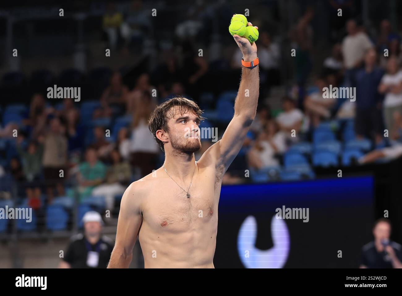Tomas Machac of Team Czechia hits balls into the crowd after his ...