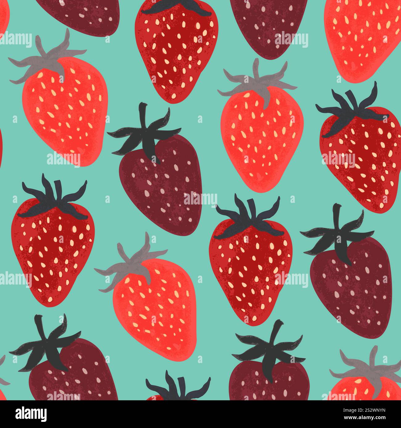 Seamless pattern with red textured strawberries. Hand-drawn vector ...