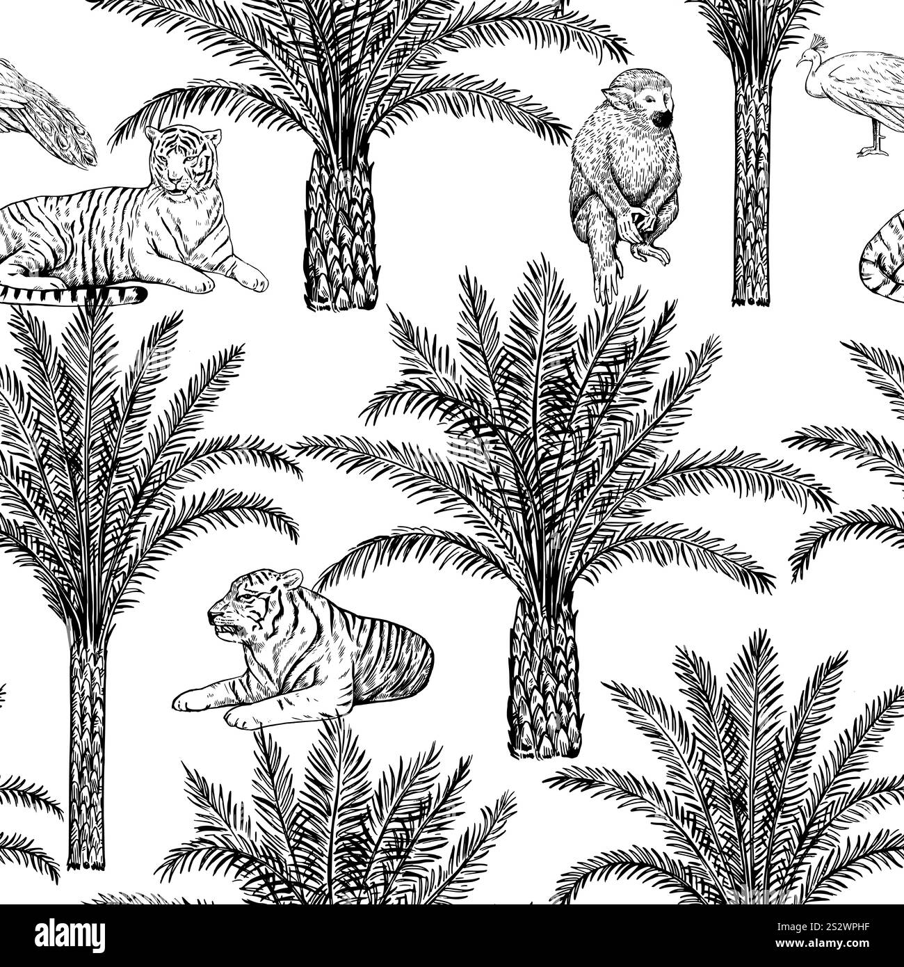 Toile de jouy seamless pattern with palms, tiger and peacock. Vector ...