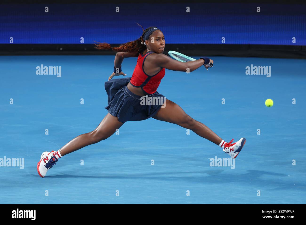 Coco Gauff of Team USA plays a backhand in the women's singles finals ...