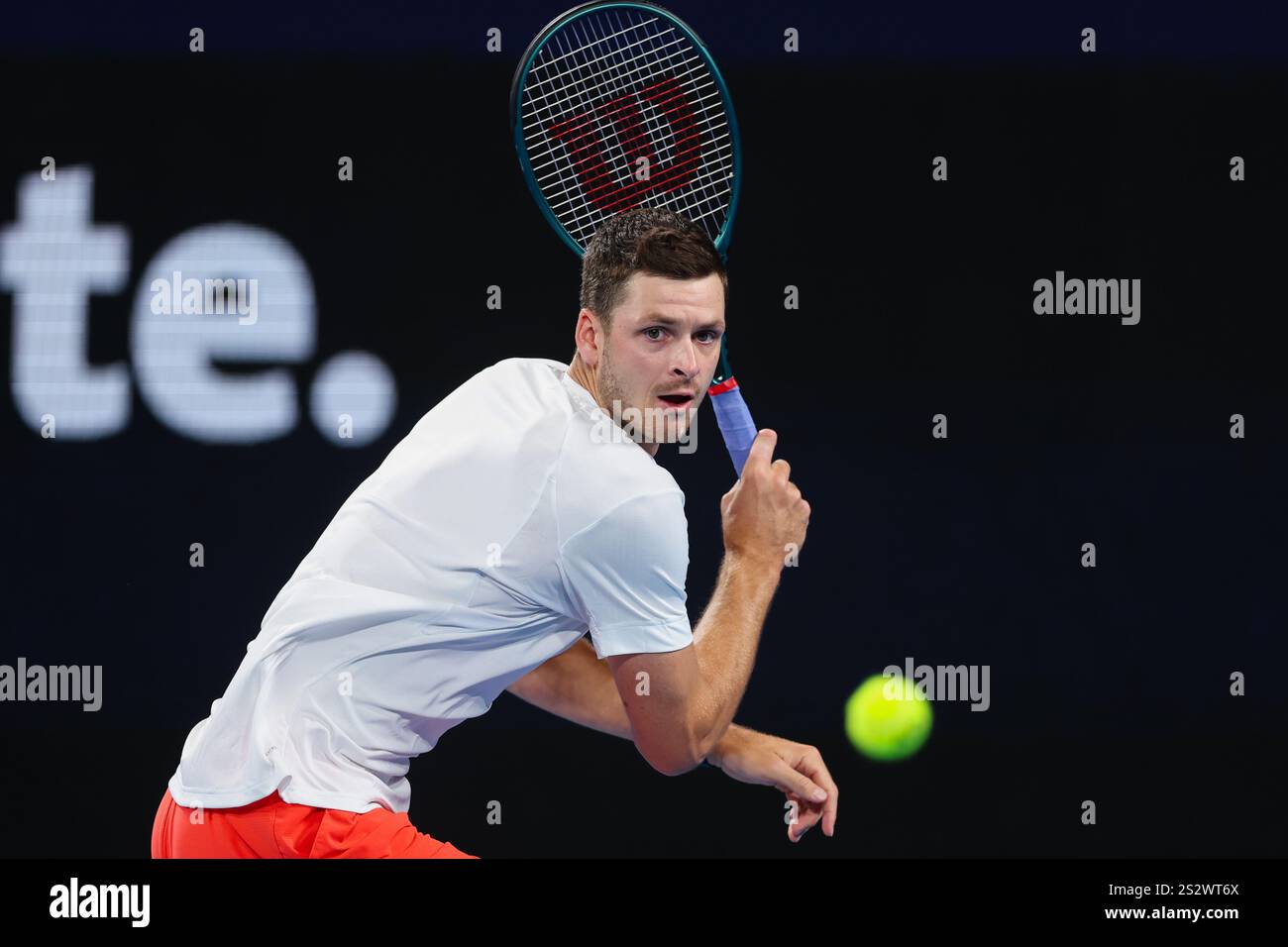 Hubert Hurkacz of Team Poland plays a backhand in his men's singles ...