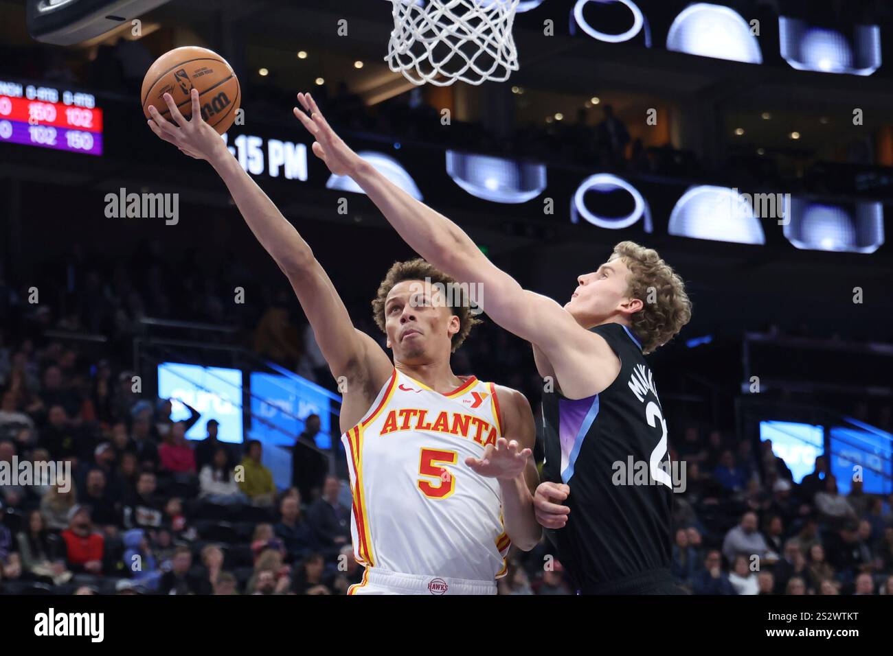 Atlanta Hawks guard Dyson Daniels (5) lays the ball up against Utah ...