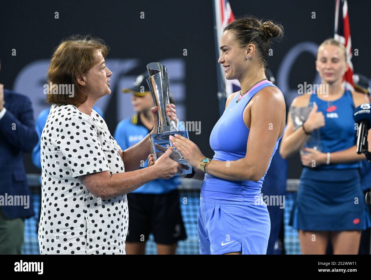 Brisbane, Australia. 05th Jan, 2025. Former Australian tennis player Liz Smylie (left) presents ...