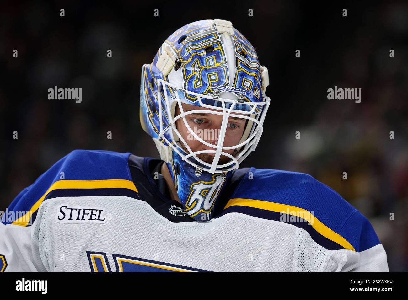 St. Louis Blues goaltender Jordan Binnington looks on during the second ...