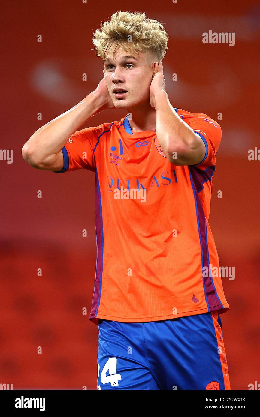 Brisbane, Australia. 07th Jan, 2025. Samuel Klein of the Roar reacts ...