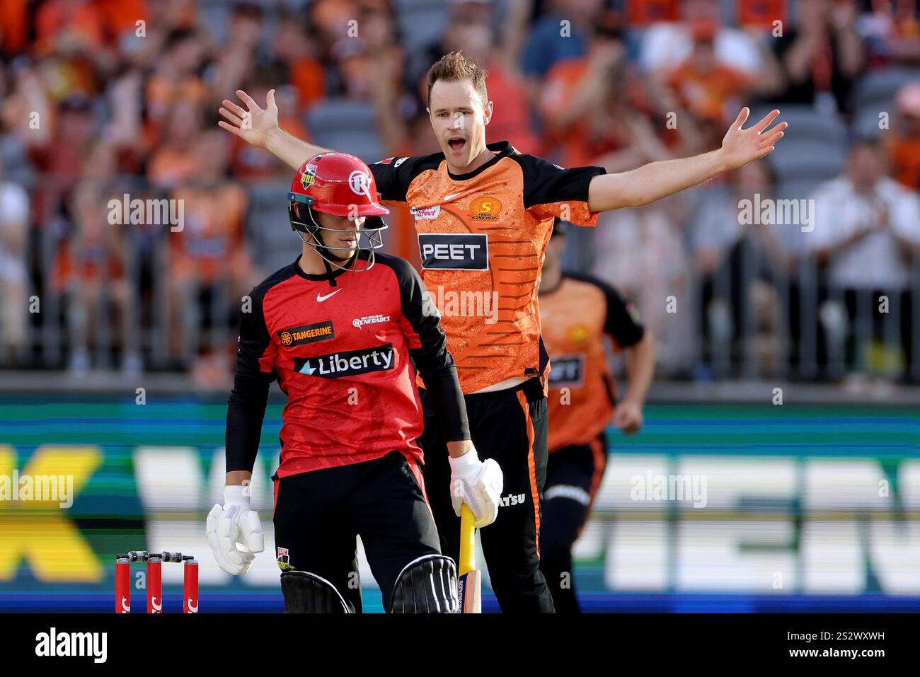 Perth, Australia. 07th Jan, 2025. Jason Behrendorff of the Scorchers celebrates after taking the ...