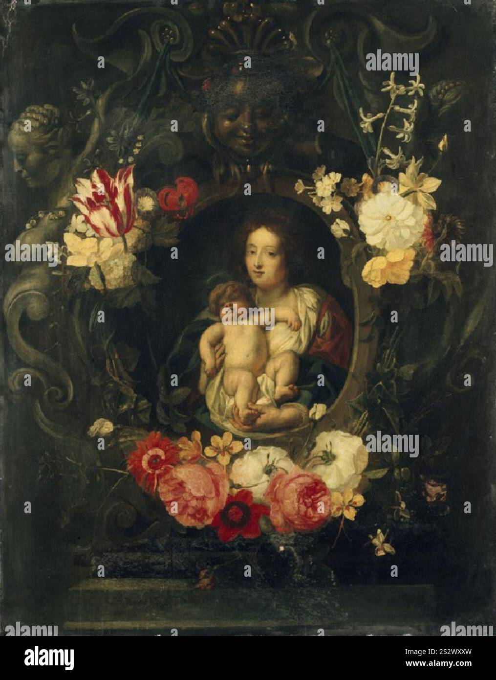 Frans Ykens - A Garland of Flowers surrounding a Medallion of the Virgin and Child Stock Photo ...