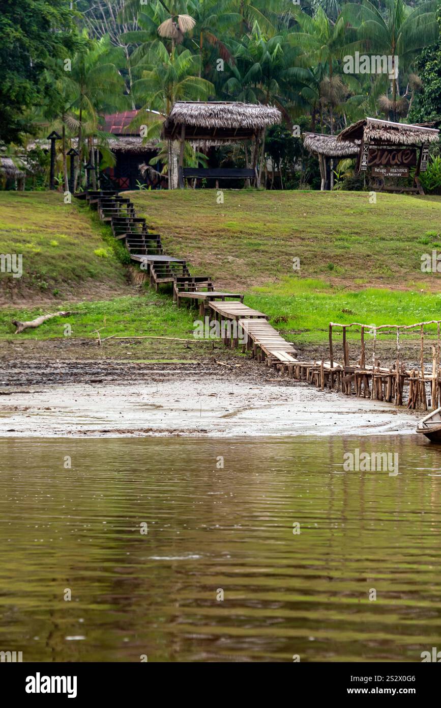Wooden dock, stairs and paasageway that connect Amazonas River with the ...