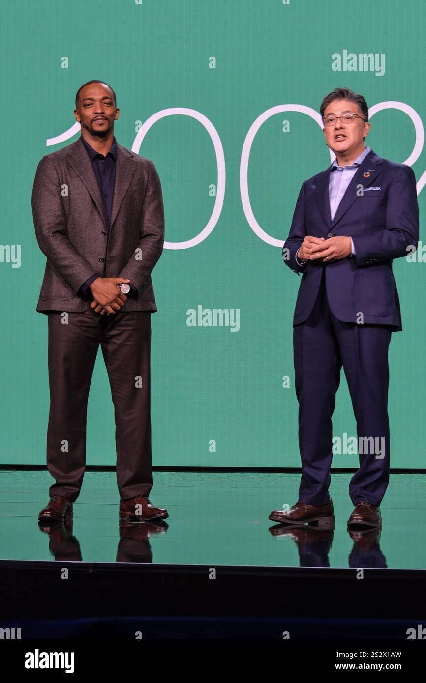 LAS VEGAS, Nevada - Anthony Mackie, Yuki Kusumi speaking at the Panasonic Keynote during CES ...