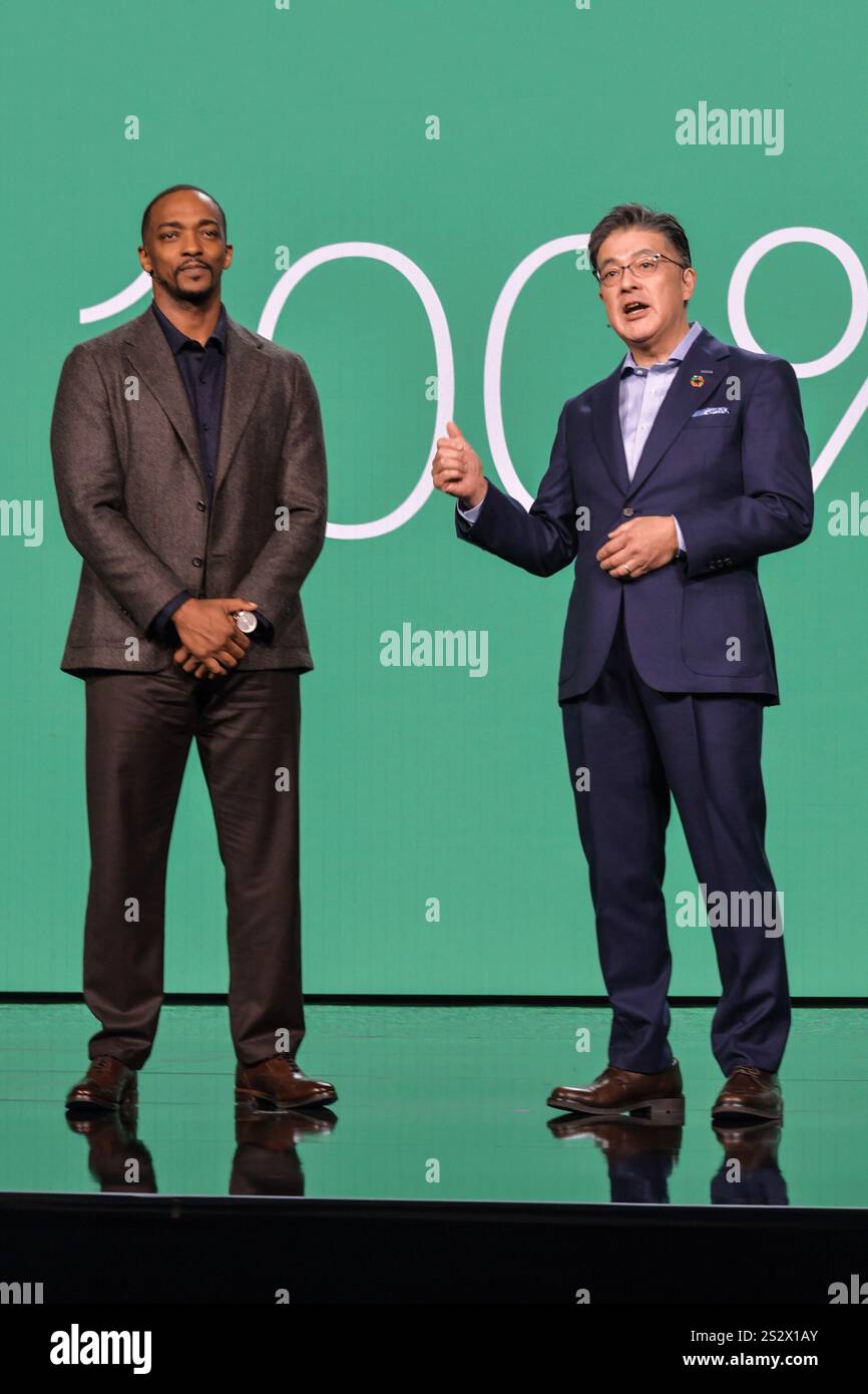 LAS VEGAS, Nevada - Anthony Mackie, Yuki Kusumi speaking at the Panasonic Keynote during CES ...