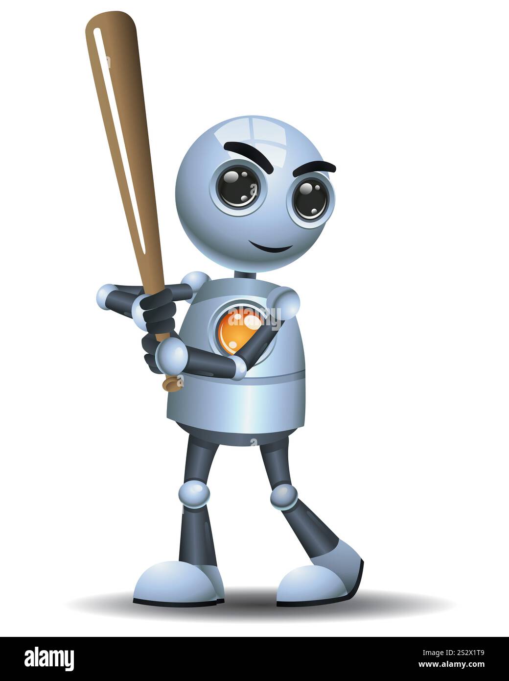 3D illustration of a little robot worker ready to hit ball holding ...