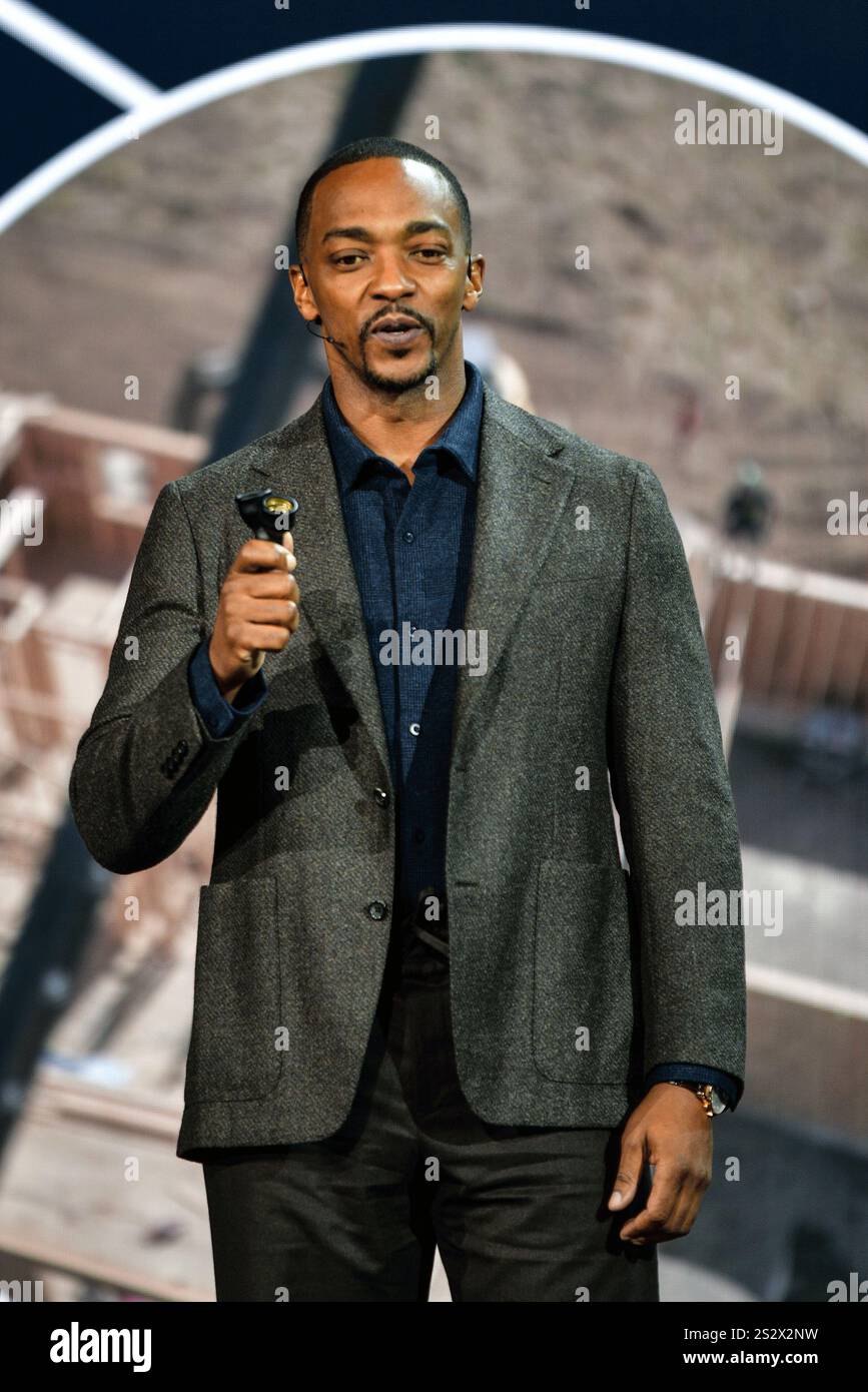LAS VEGAS, Nevada - Anthony Mackie speaking at the Panasonic Keynote during CES 2025 at The ...