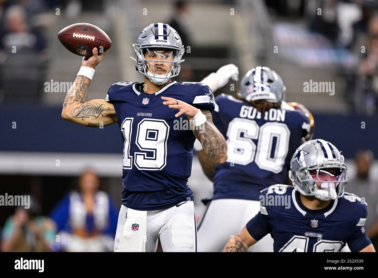 Dallas Cowboys quarterback Trey Lance (19) passes the ball during an ...
