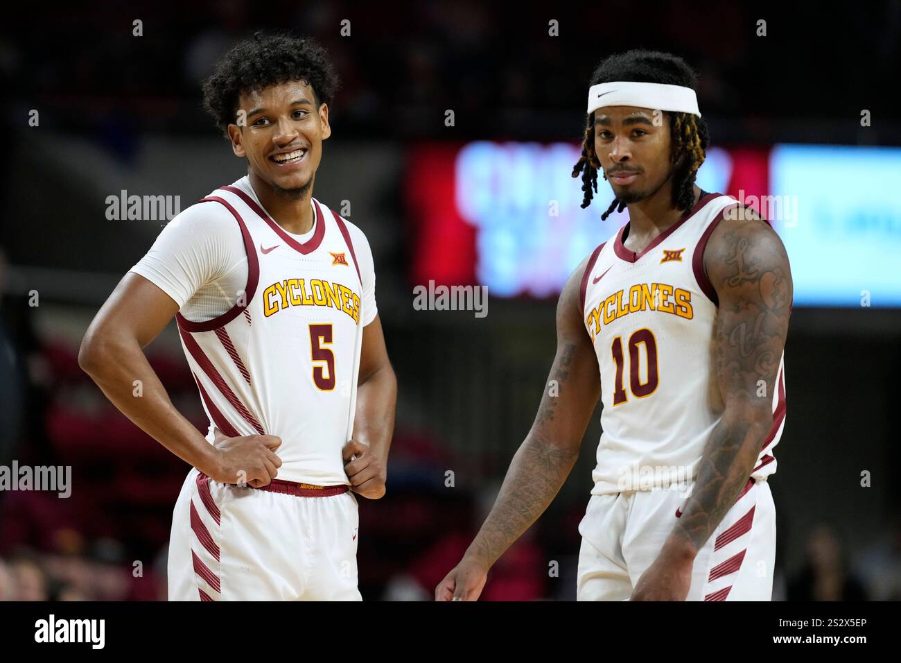 Iowa State guard Curtis Jones (5) talks with teammate guard Keshon ...