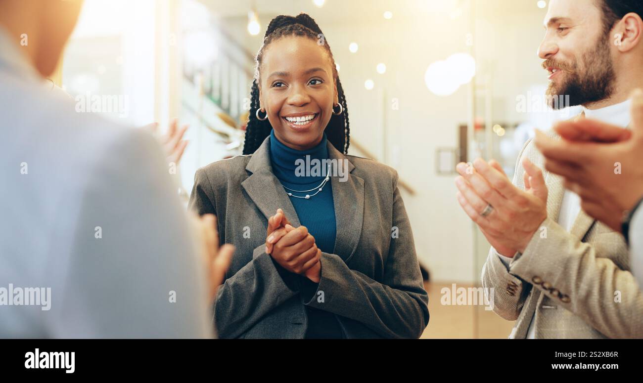 Business people, happy and applause in office for support, positive ...