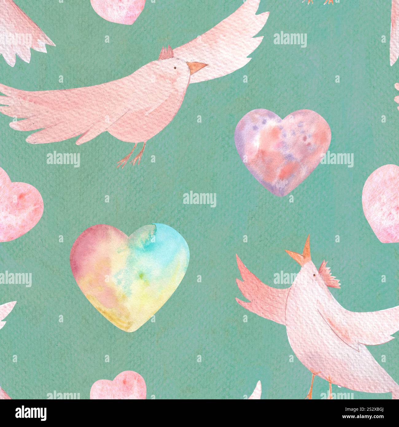 Birds flying, singing, and pink, rainbow hearts, watercolor seamless ...