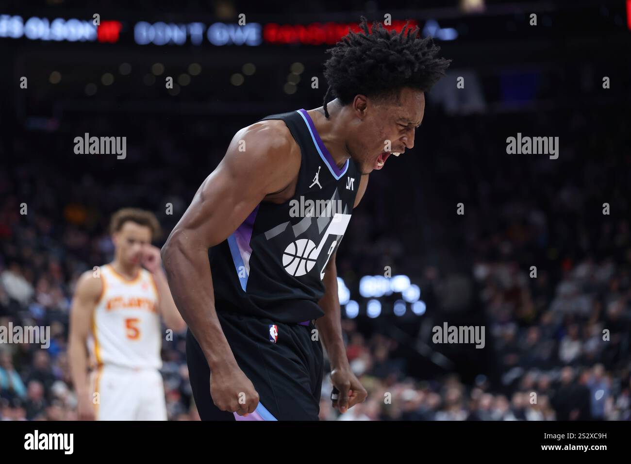 Utah Jazz guard Collin Sexton reacts to a play against the Atlanta ...