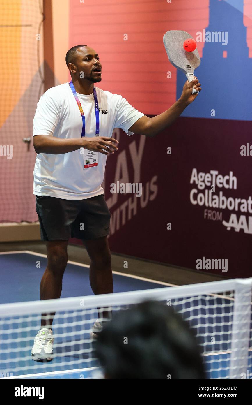 Las Vegas, NV, USA. 7th Jan, 2025. An AgeTech AARP representative plays ...