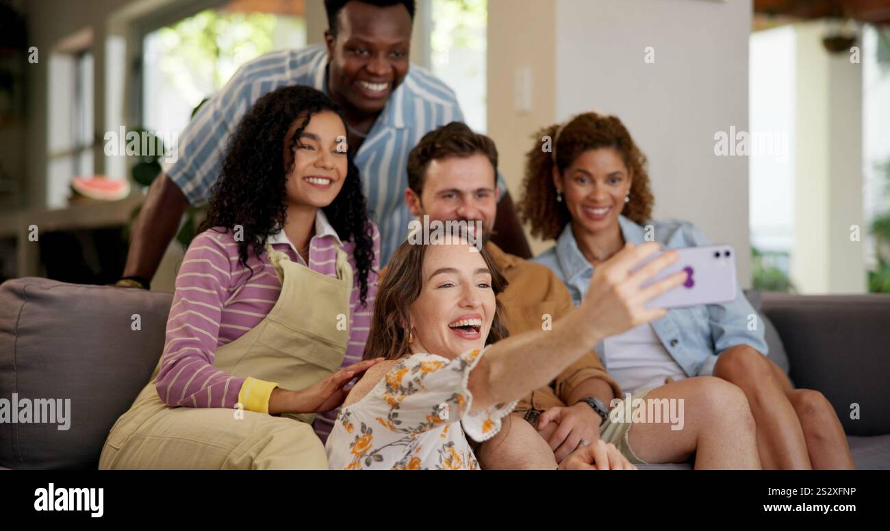 Selfie, happy and relax with friends on sofa at home for spring break ...