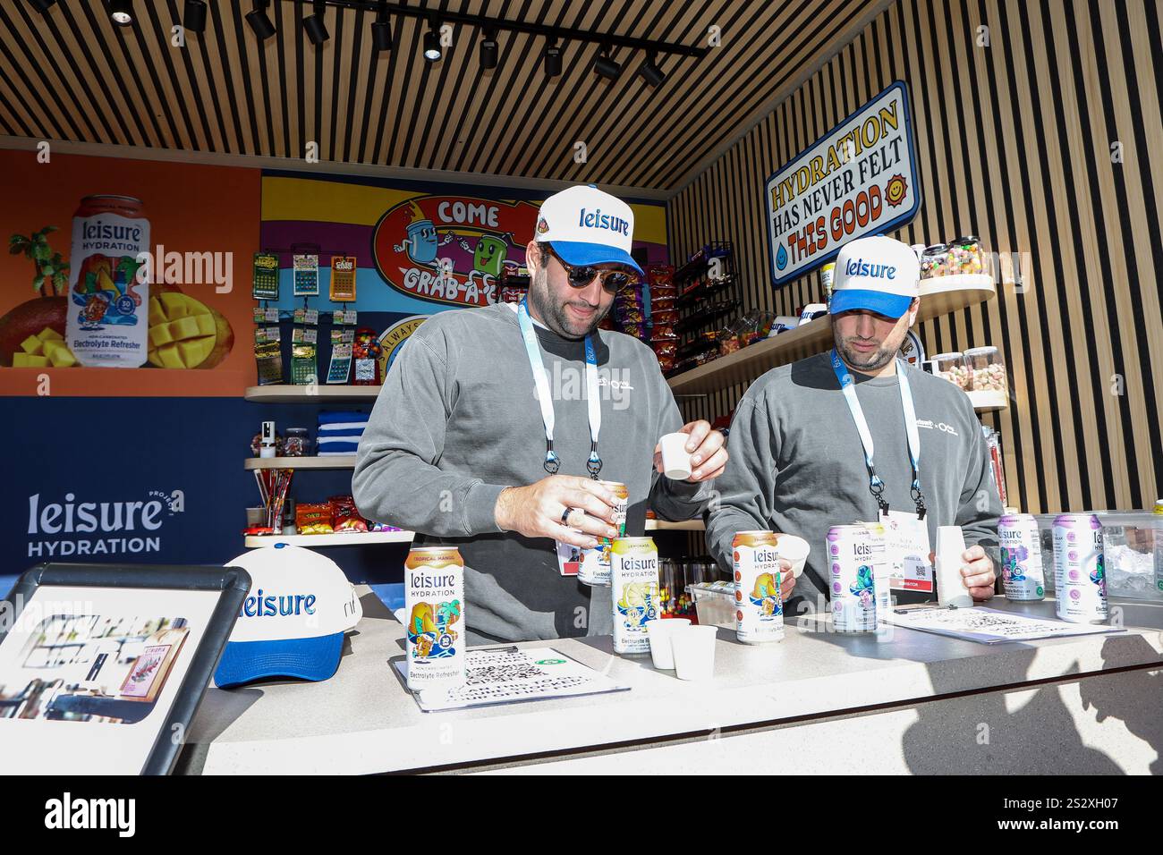 January 7, 2025: Members of Leisure Hydration hand out samples is the ...