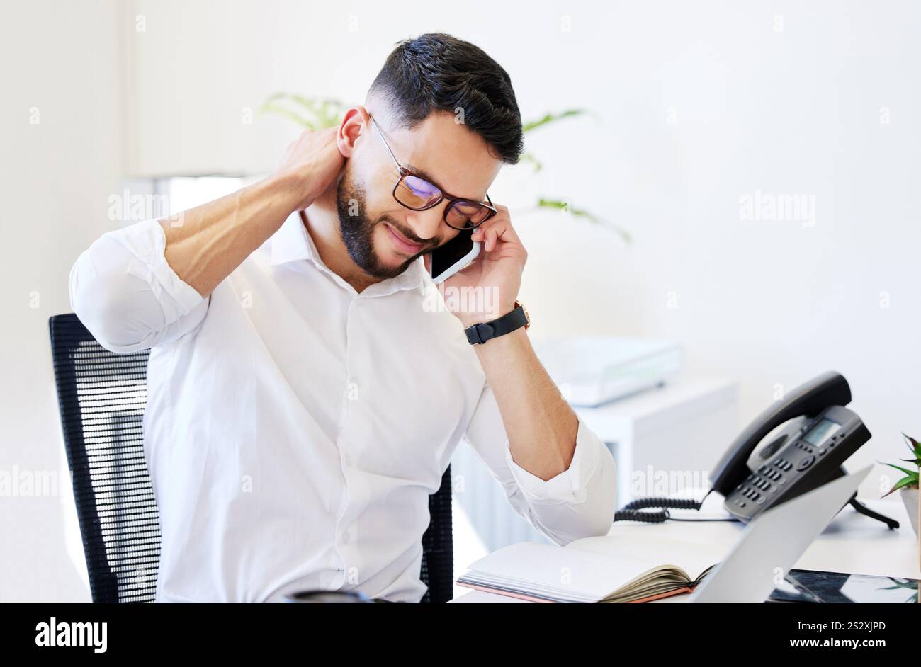 Neck pain, phone call and man in office with stress for burnout, client ...