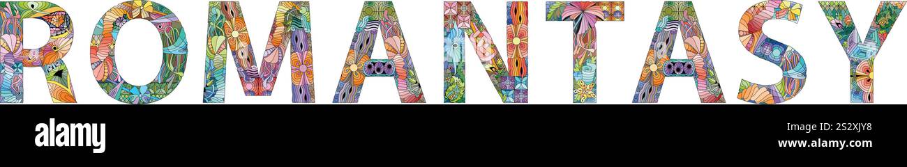 Hand-painted art design. Hand drawn illustration word ROMANTASY for t ...