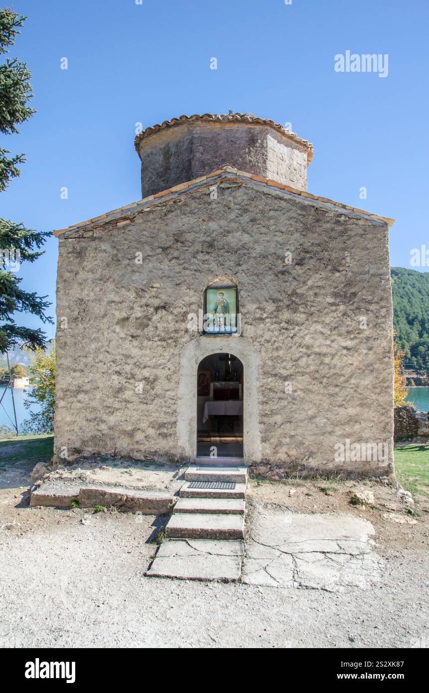 Small stone chapel of St. Fanourios on lake Doxal in Ancient Feneos of ...