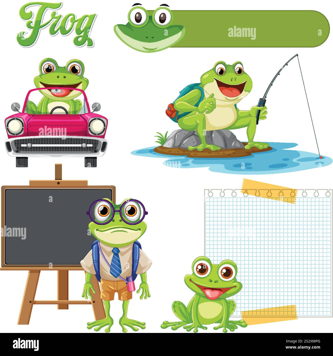 Frogs engaging in various fun and educational activities Stock Vector ...