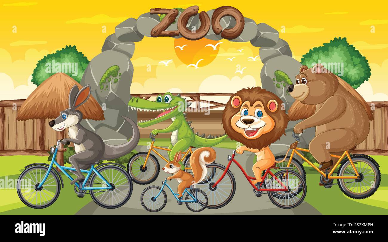 Animals ride bicycles in front of zoo entrance Stock Vector Image & Art ...