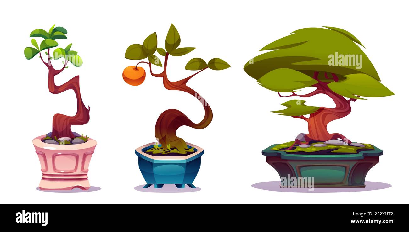 Bonsai garden set - curved trunk miniature trees in ornamental pots ...
