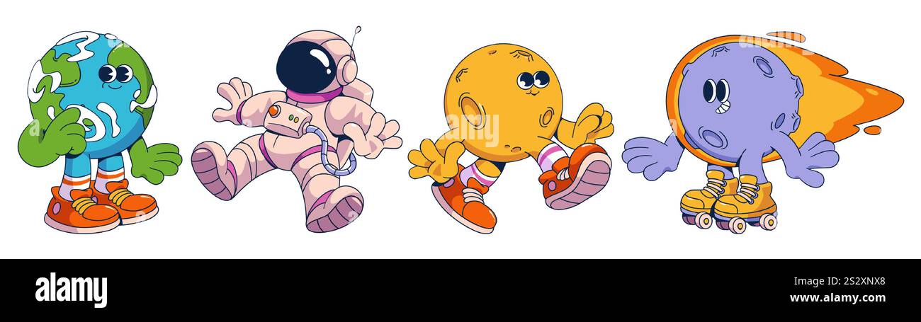 Groovy space characters set. Cosmic mascots - Earth in sneakers ...