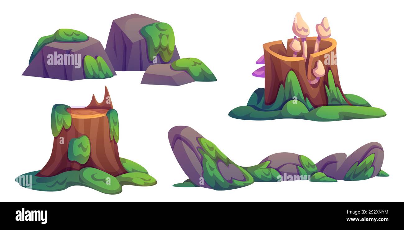 Swamp stones and stumps covered with moss set isolated on white. Vector ...