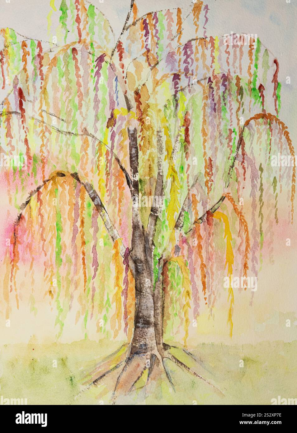 Weeping willow with rainbow colors. The dabbing technique near the ...