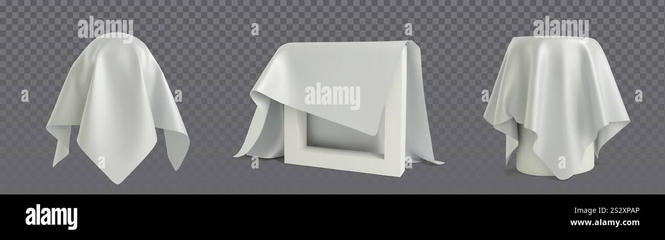3d covered objects under white cloth drapery - reveal mockup with ...