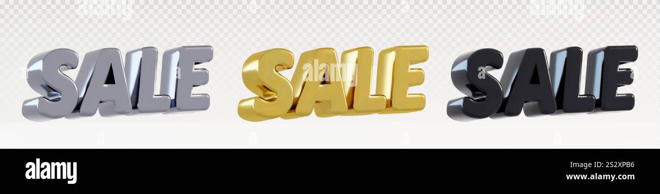3D sale lettering set in metallic textures - silver chrome, luxury gold ...