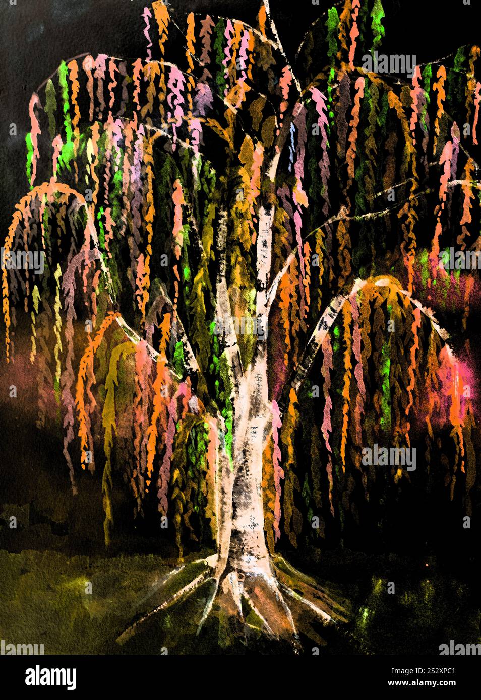 Illuminated psychedelic weeping willow in the night. The dabbing ...