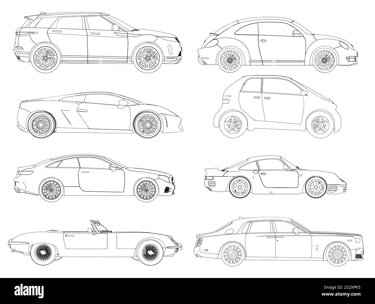 Series of car drawings, each one a different style. The first car is a ...