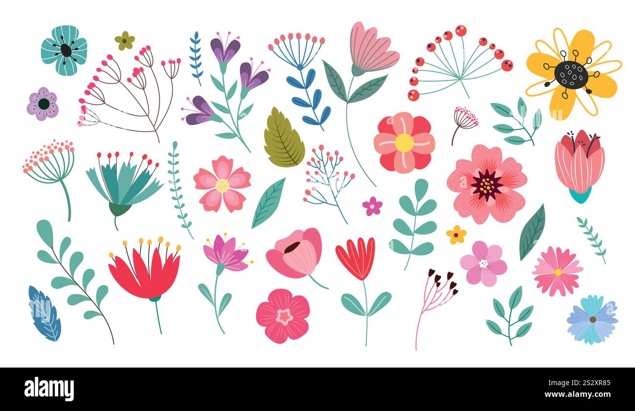 Flowers drawing colorful clipart set. Spring flowers clip art in ...