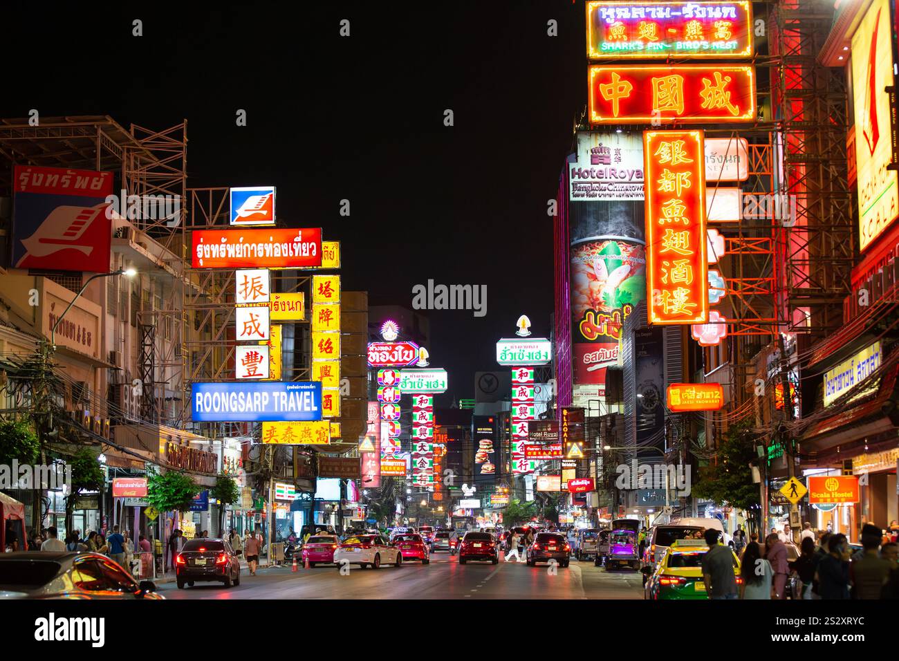 Bangkok, Thailand - January 06, 2025: Night at Yaowarat road, the main street of Chinatown ...