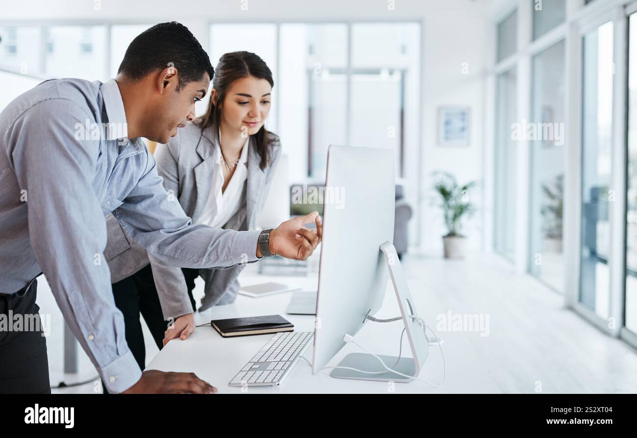 Business people, computer and finance meeting in office, teamwork and ...