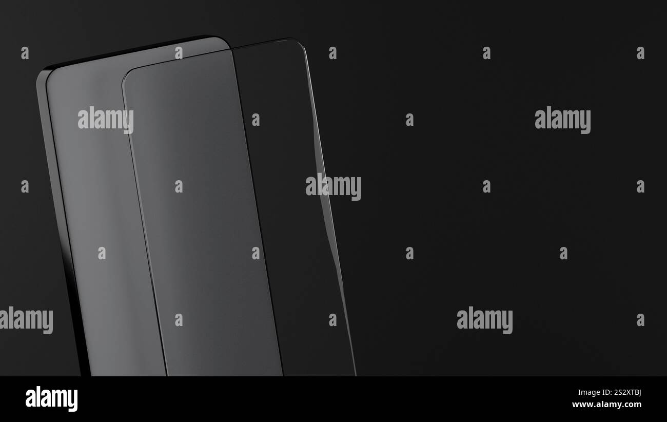 3D model of mobile phone and protective glass on dark background, phone ...