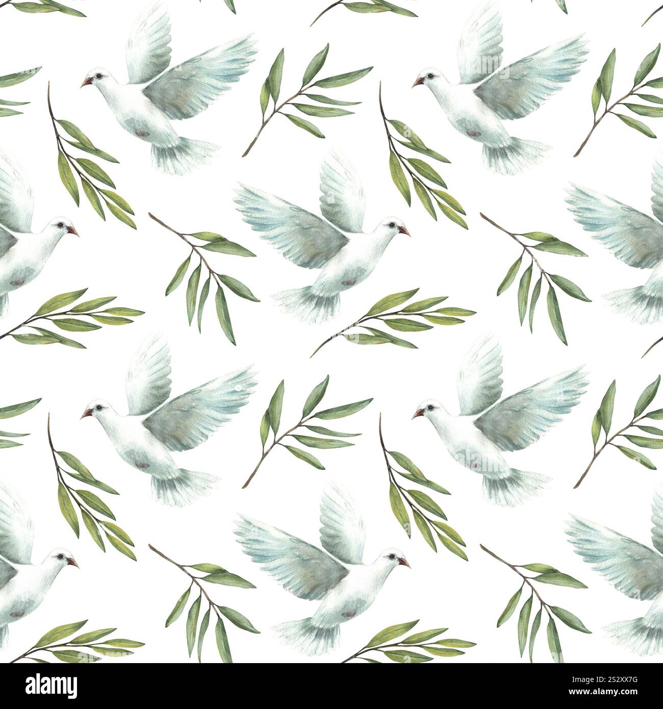 Pigeon and green olive branches seamless pattern. White flying dove bird, symbol of peace ...